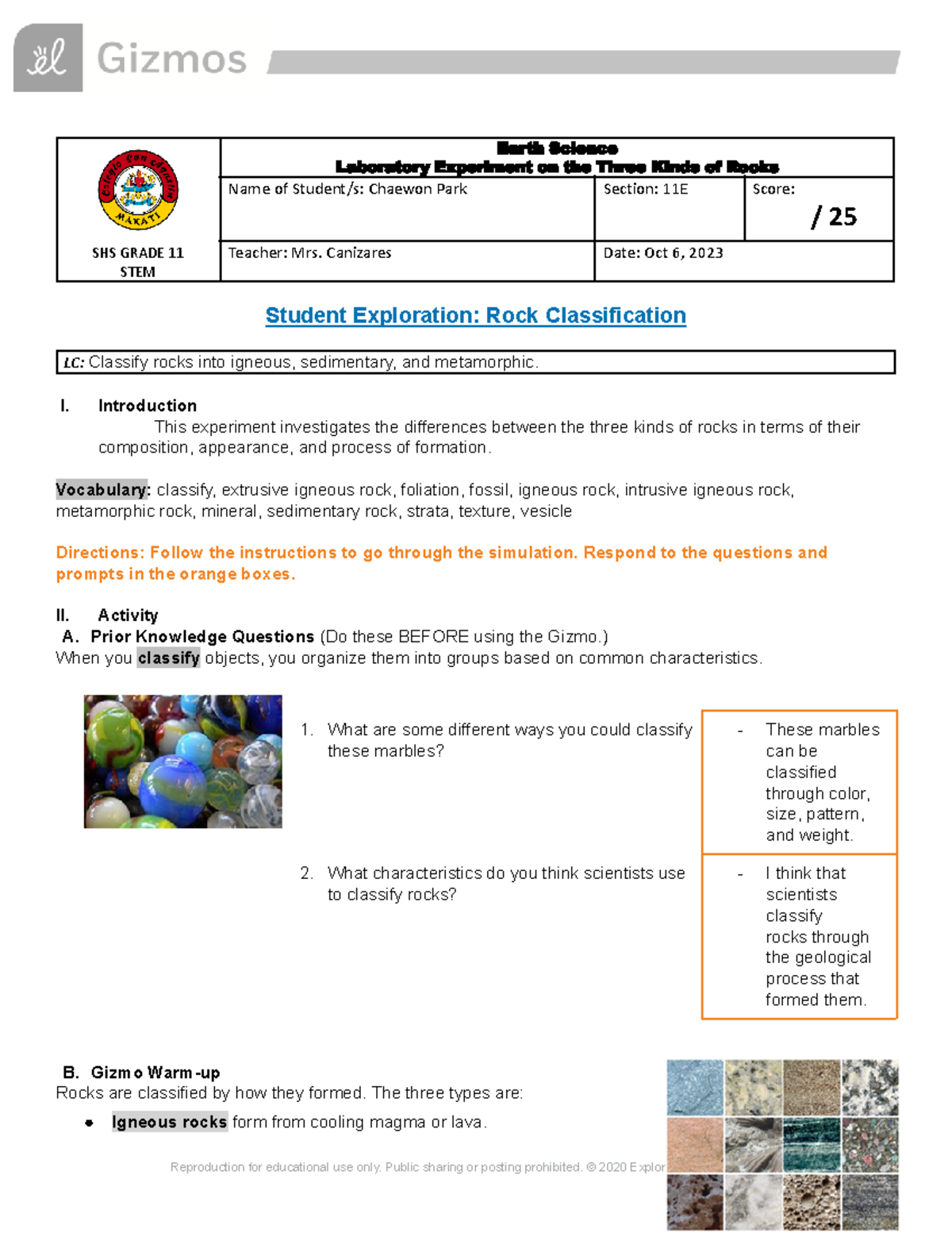 Rock Classification Lab Report for Earth Science (SHS STEM) - Studocu