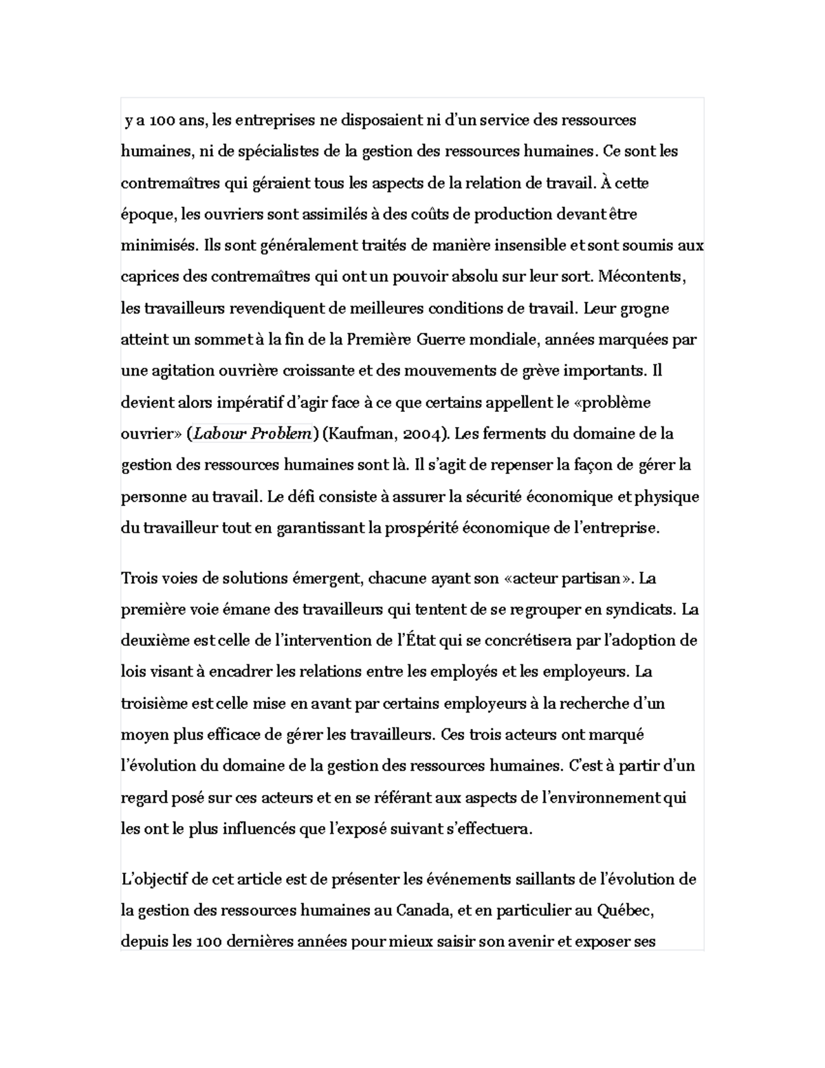 Évolution de la Gestion des Ressources Humaines au Canada (Chapitre 1 ...