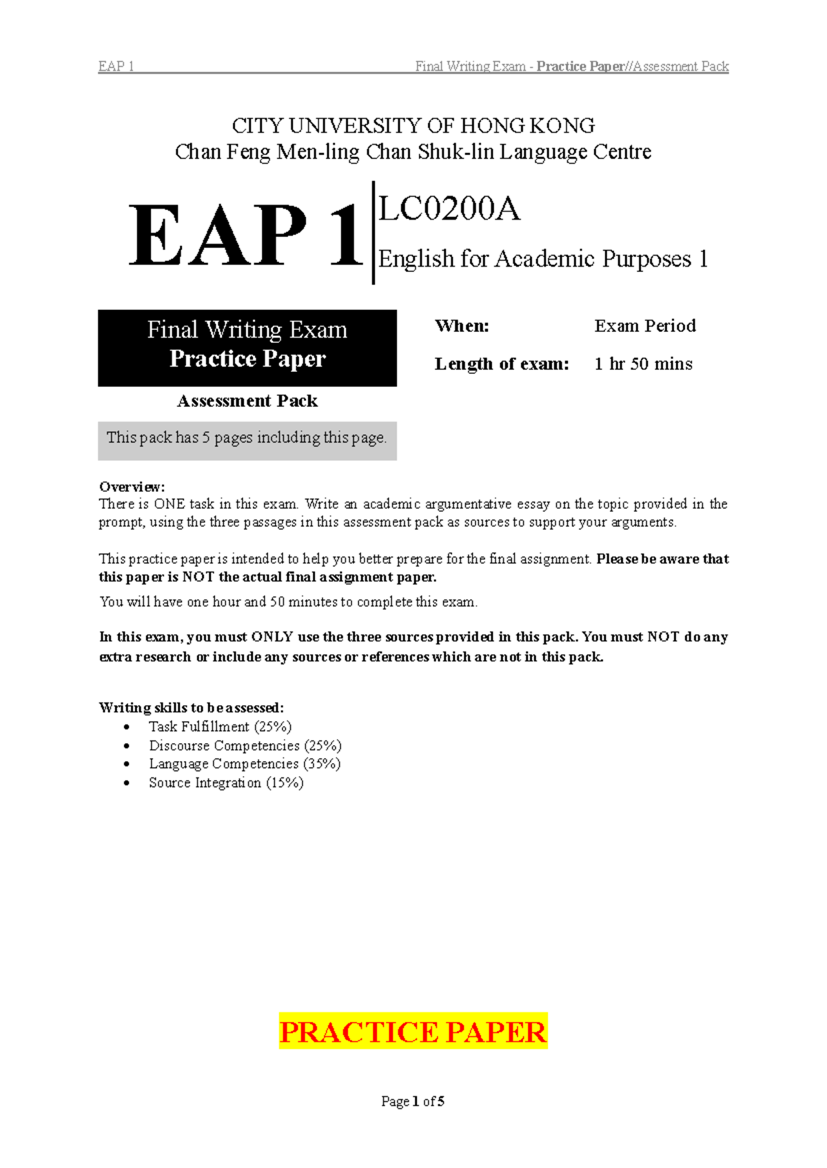 EAP 1 - Final Writing Exam - Practice Paper Assessment Pack Guide - Studocu