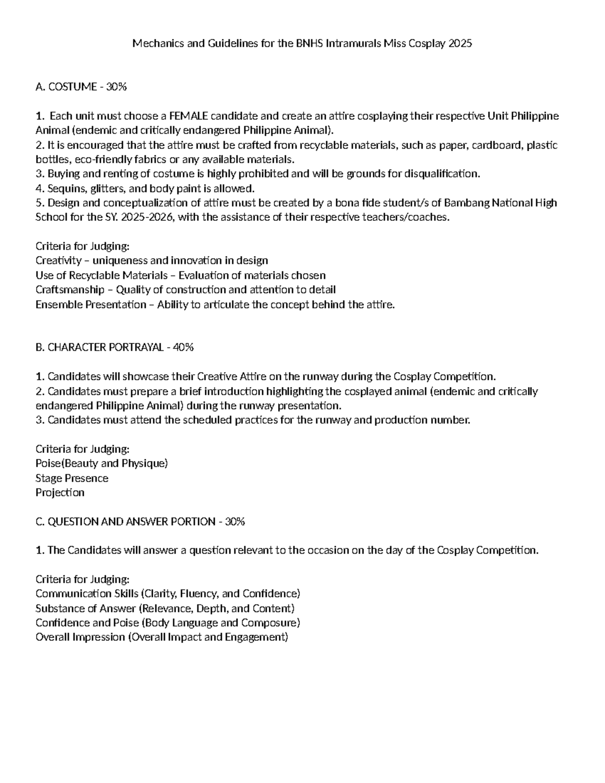 Mechanics and Guidelines for BNHS Intramurals Cosplay 2025 - Studocu
