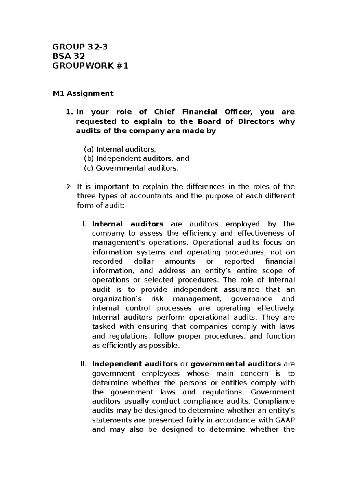 Group 32-3 - M1 Assignment Group Work - GROUP 32- BSA 32 GROUPWORK M1 Assignment In your role of ...