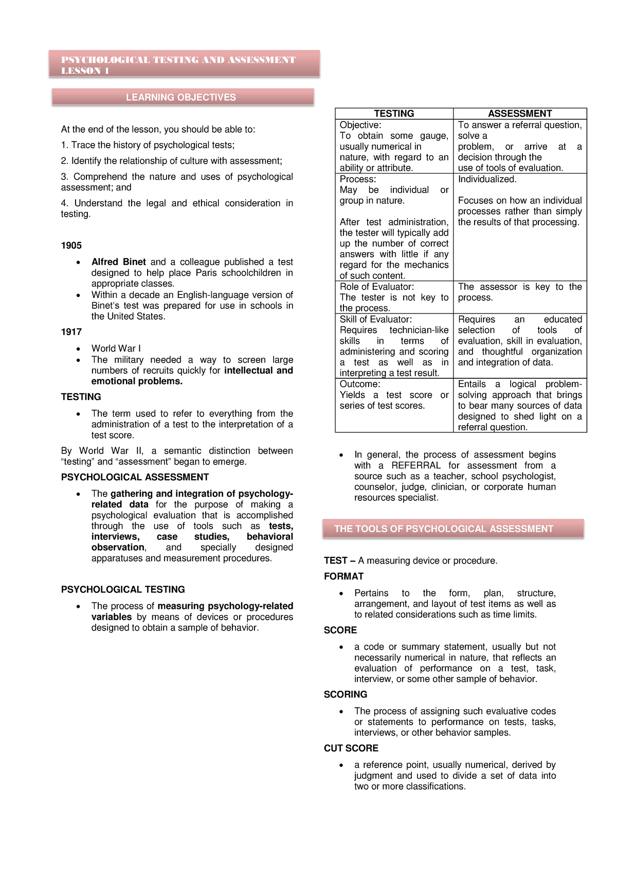 Psychological Assessment PSY 101: Lesson 1 Overview and Objectives ...