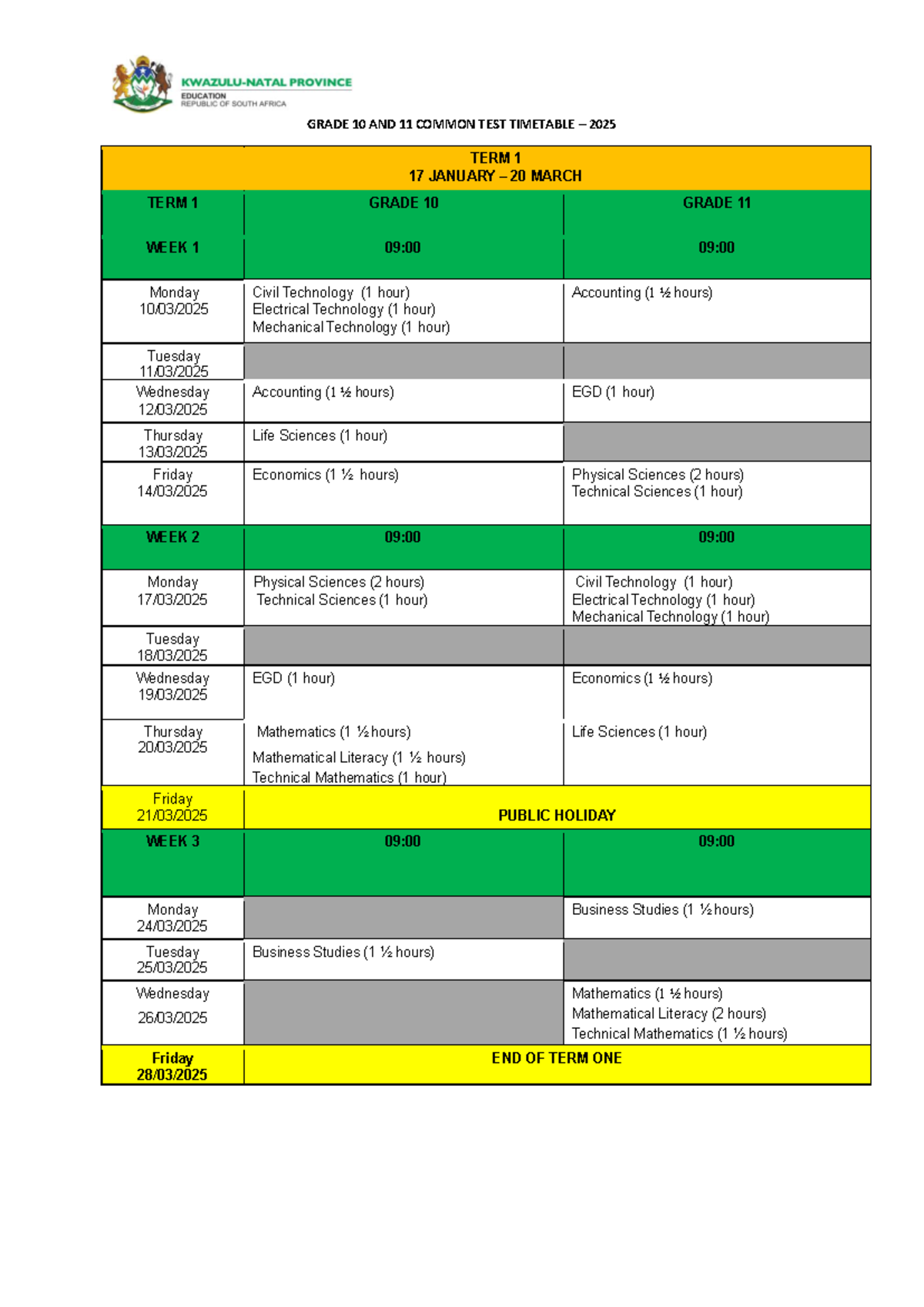 Grade 10, 11 & 12 Common Test Timetable for 2025 - Studocu