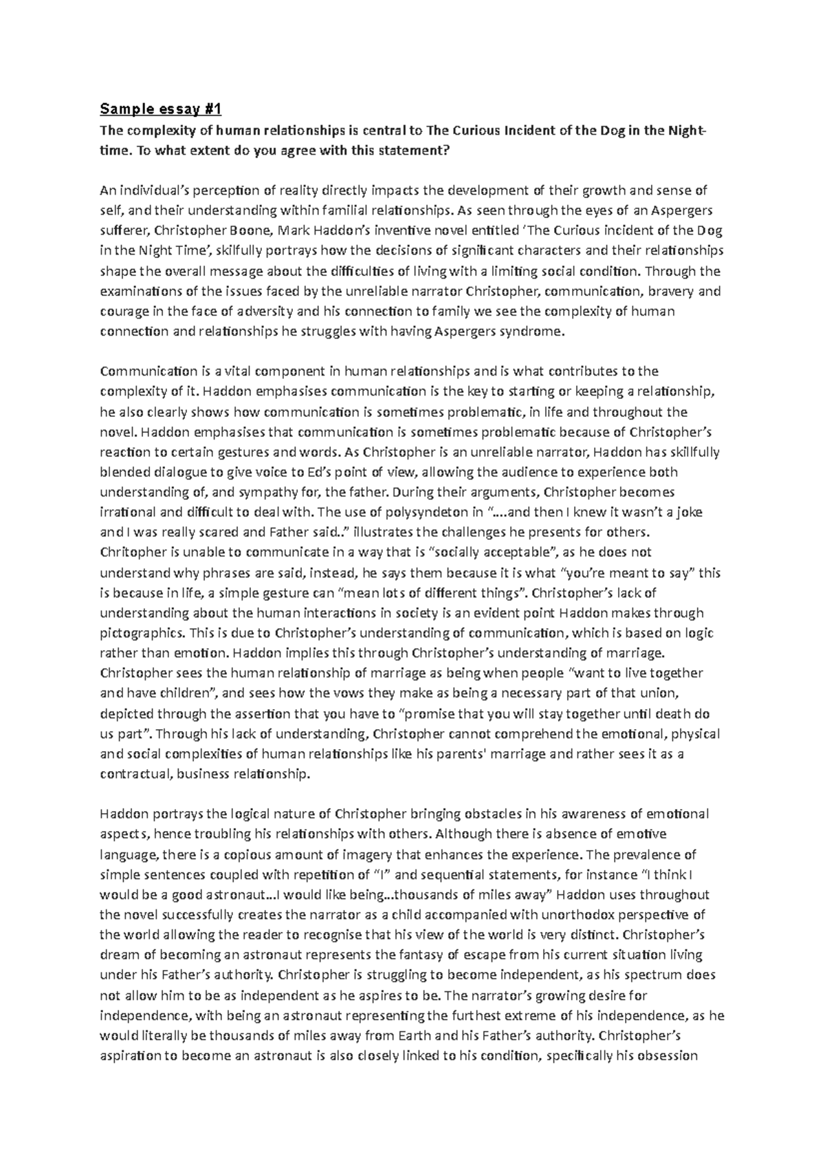 ENG101 - Sample Essay Analysis: Human Relationships in Haddon’s Novel ...
