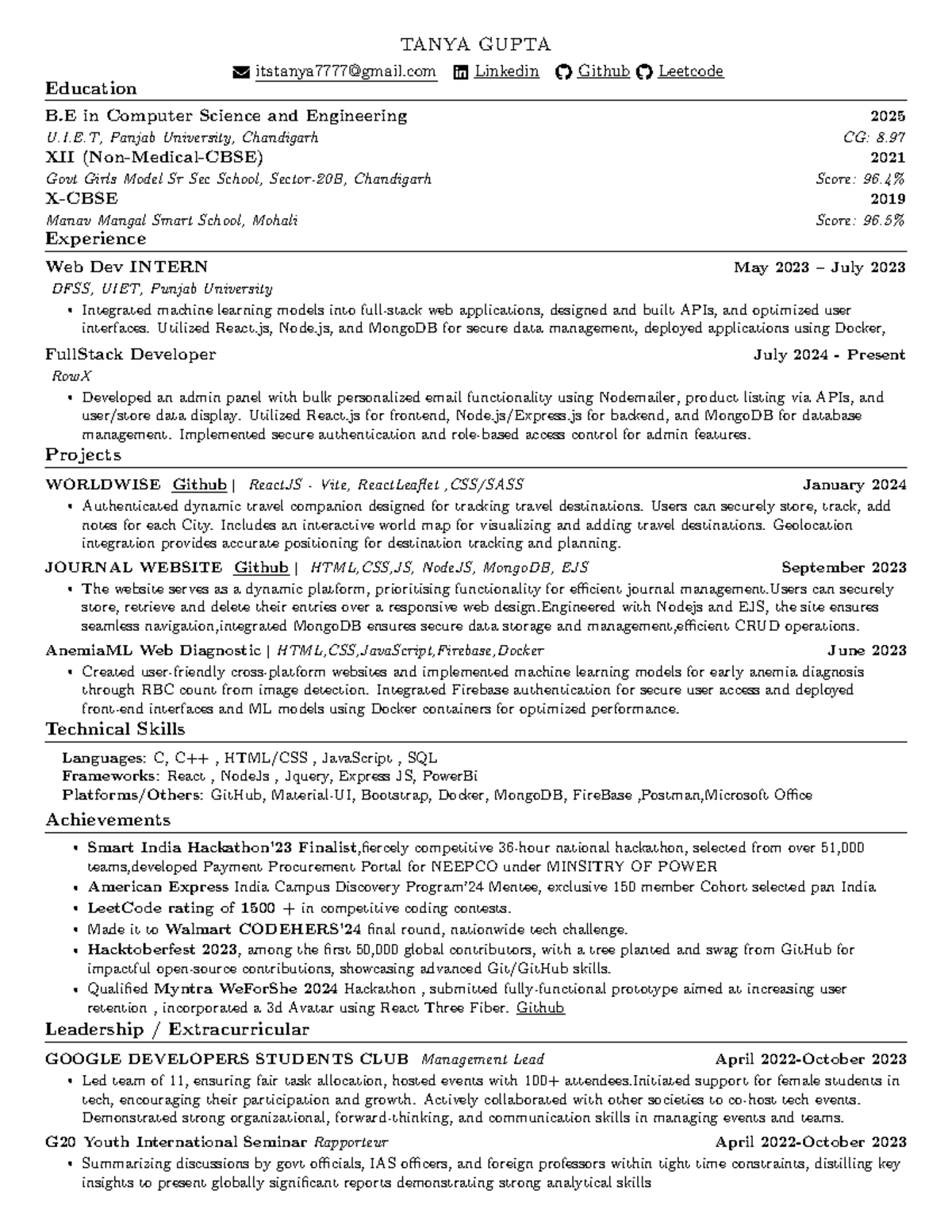 TANYA GUPTA - LinkedIn, GitHub, LeetCode Profile & Experience Overview - Studocu
