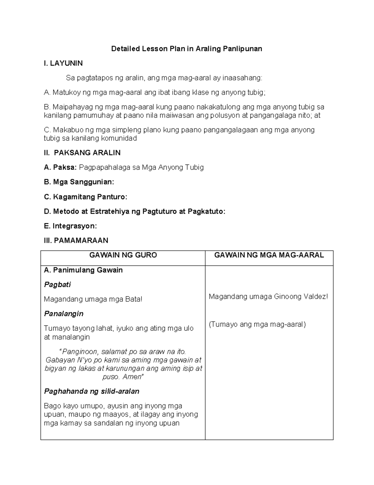 DLP-AP - Detalyadong Plano ng Aralin sa Mga Anyong Tubig - Studocu