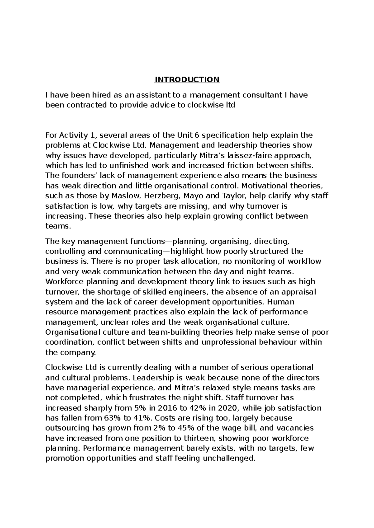 Unit 6 Management Issues at Clockwise Ltd: Activity 1 Analysis - Studocu