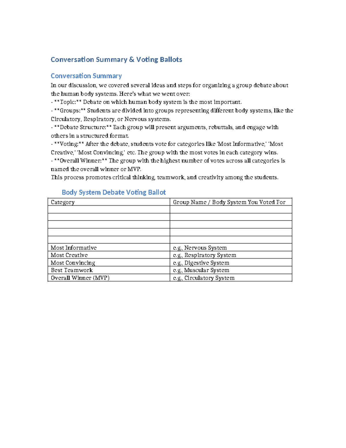 Body System Debate Summary & Voting Ballots - Studocu