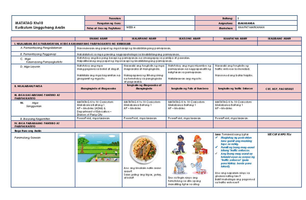 W4 Q4 Makabansa 1 Matatag Lesson Plan: Magsasaka at Mangingisda - Studocu