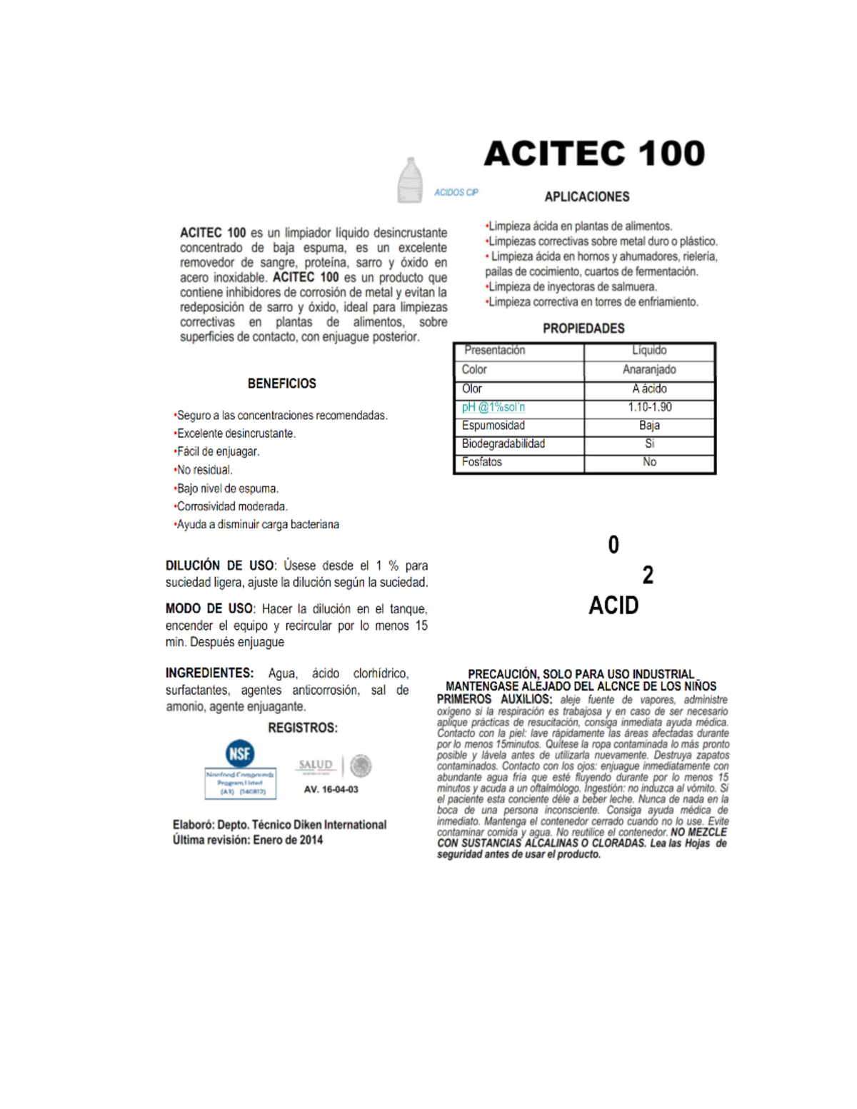 Ficha tecnica acitec 100 - ACITEC 100 ACIDOS CIP APLICACIONES Limpieza ...