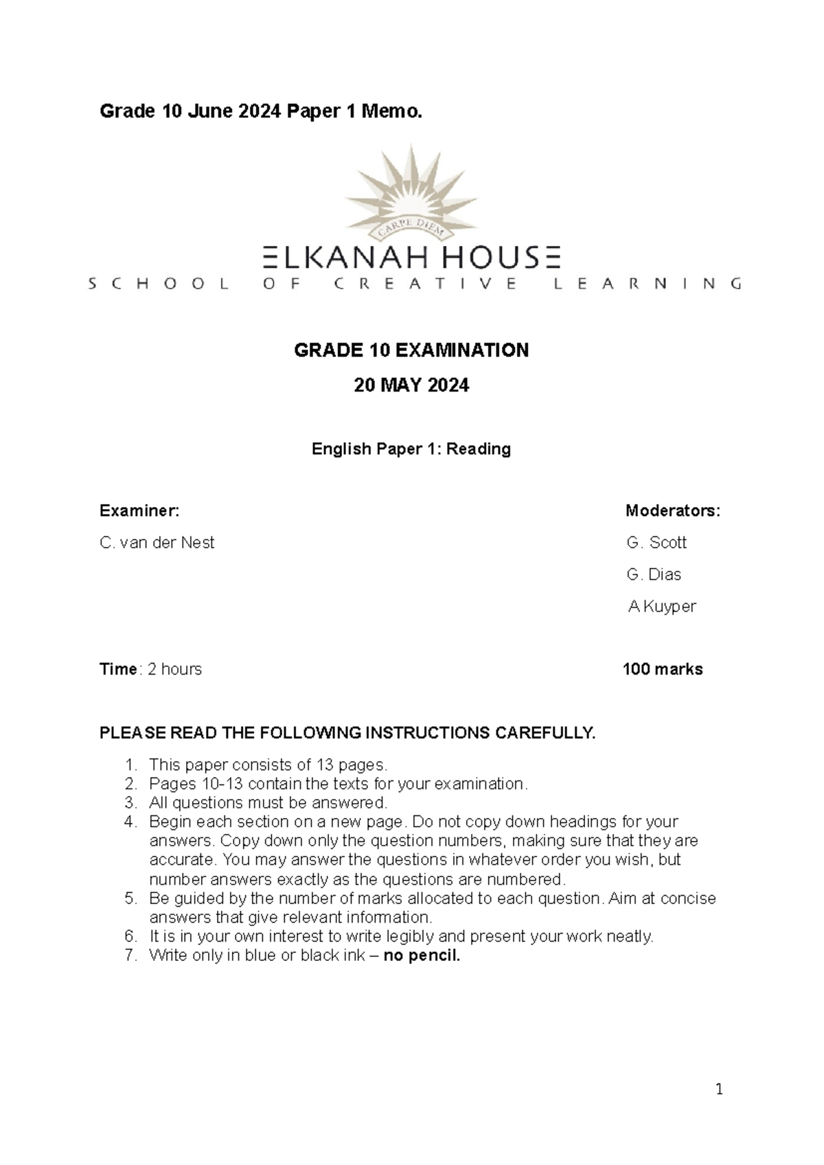 Grade 10 June 2024 Exam Paper 1 Memo Analysis - Studocu