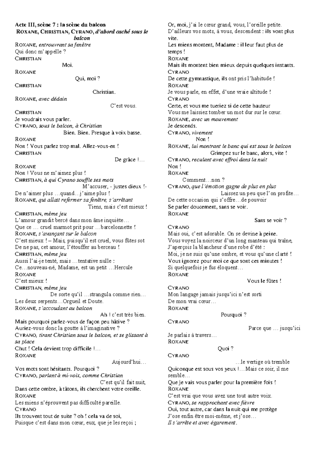 Acte Scène 7 : Analyse de la Scène du Balcon - ROXANE, CHRISTIAN ...