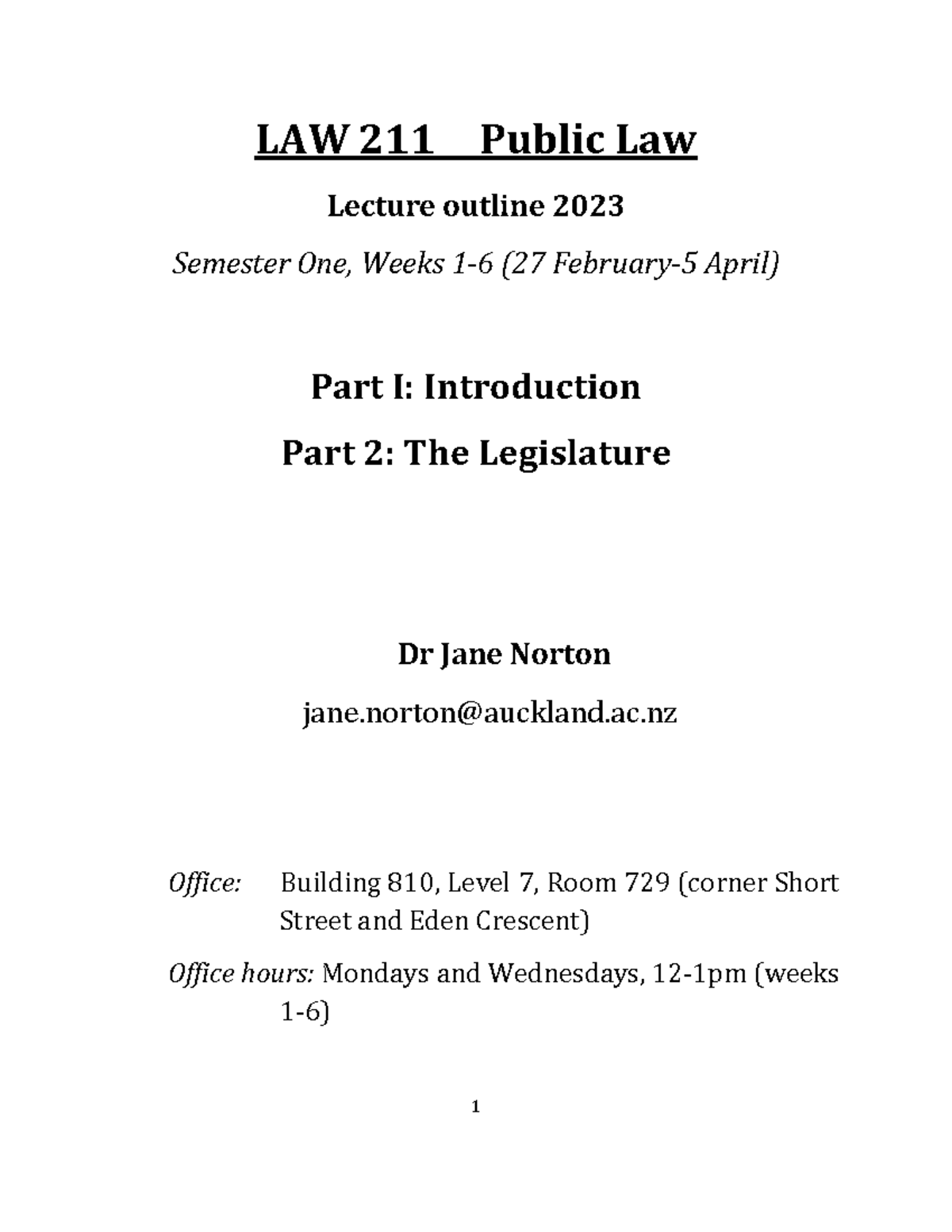 Introduction and Legislature - LAW 211 Public Law Lecture outline 2023 ...