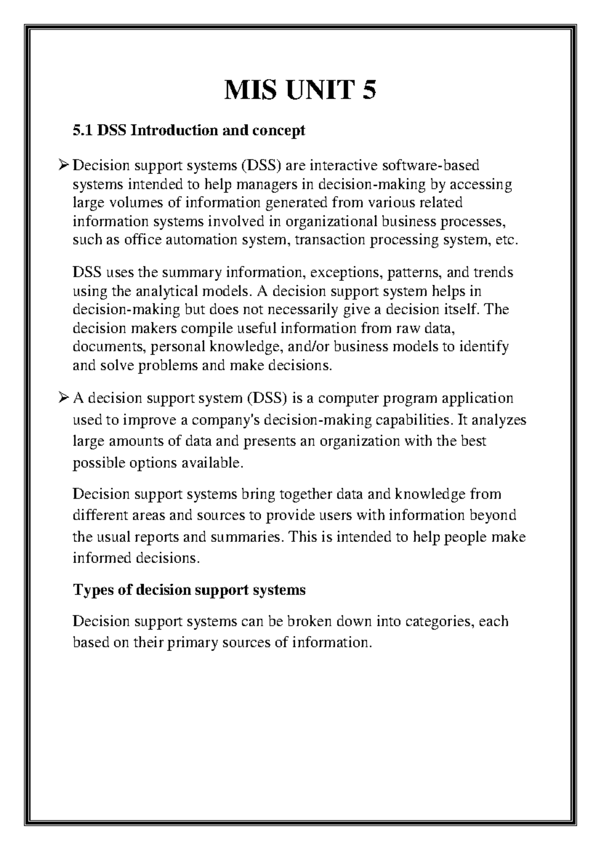 MIS UNIT 5 - mis - MIS UNIT 5 5 DSS Introduction and concept Decision ...