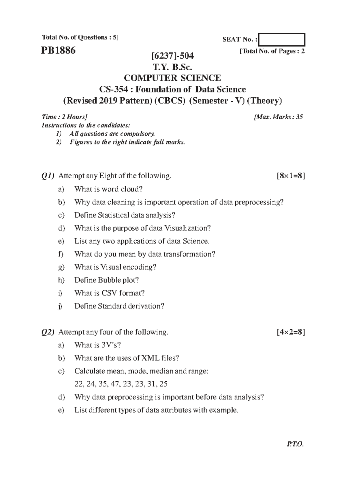 T.Y. B.Sc. Computer Science: Data Science Theory Exam PB1886 - Studocu