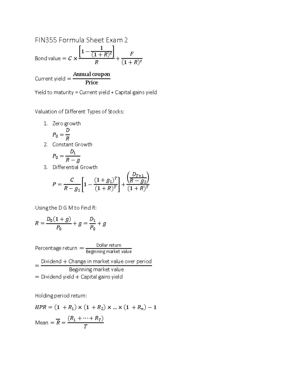 FIN355 Exam 2 Formula Sheet: Bond & Stock Valuation Formulas - Studocu