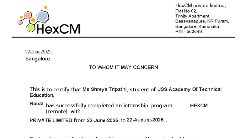 Certificate of Internship - Shreya Tripathi - JSSATE Noida - Studocu