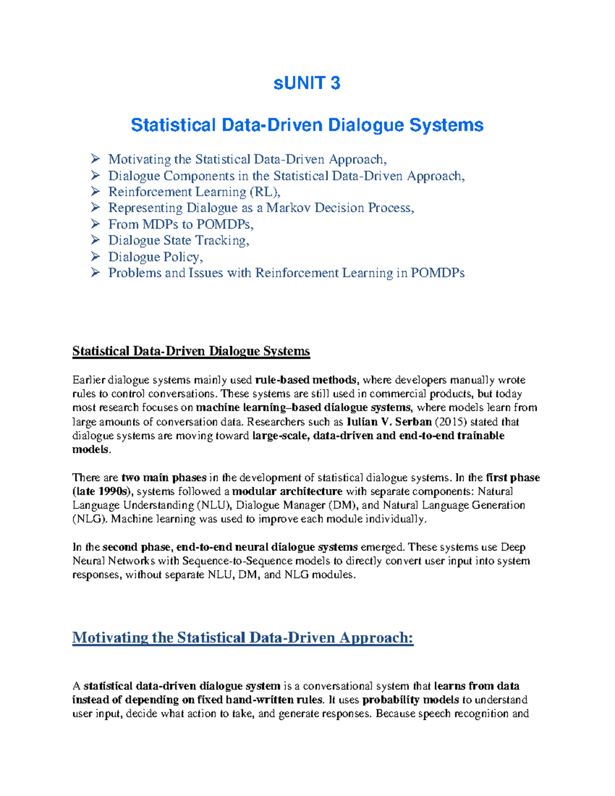 C-AI UNIT 3 - Statistical Dialogue Systems and Reinforcement Learning ...