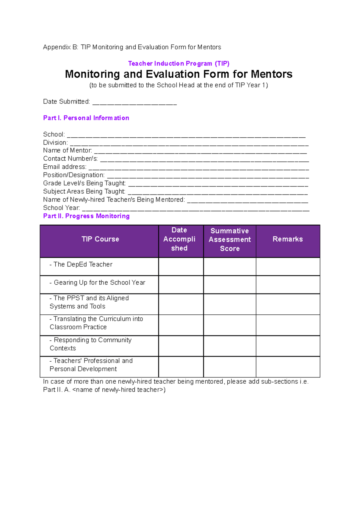 TIP - Monitoring and Evaluation Form for Mentors and School Heads - Studocu