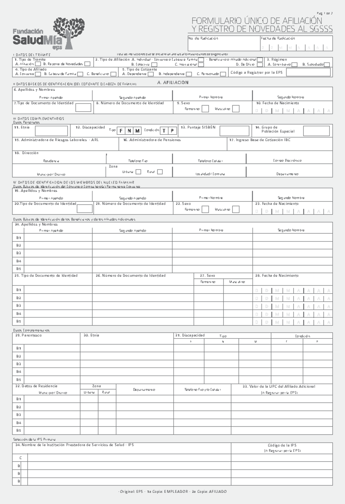 Formulario Único de Afiliación y Registro de Novedades al SGSSS - Studocu