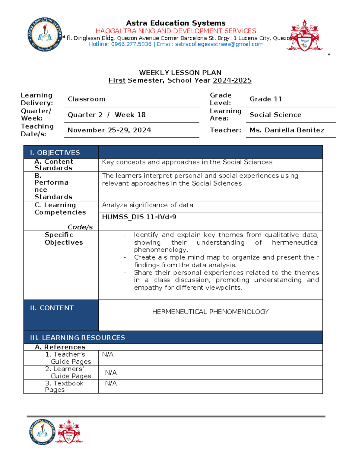 LP-HUMSS 11 - Week 18 Lesson Plan on Hermeneutical Phenomenology - Studocu