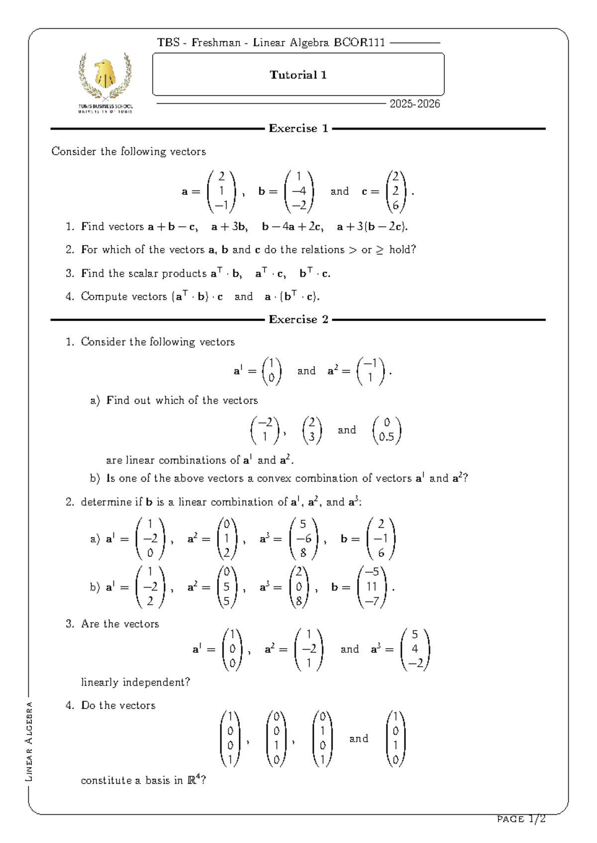 TBS Freshman Linear Algebra Tutorial 1: Vector Exercises and Solutions ...