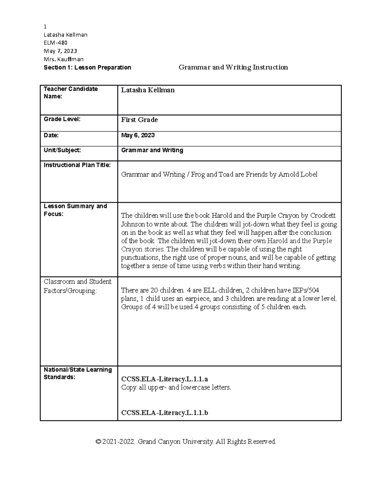 ELM- Grammar and Writing Instruction Lesson Plan for First Grade - Studocu