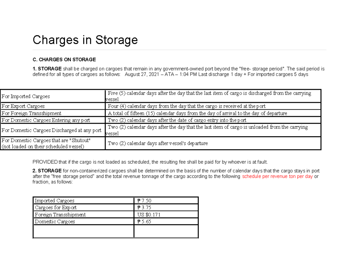 PPA-Storage-Fees: Detailed Charges on Cargo Storage Rates - Studocu