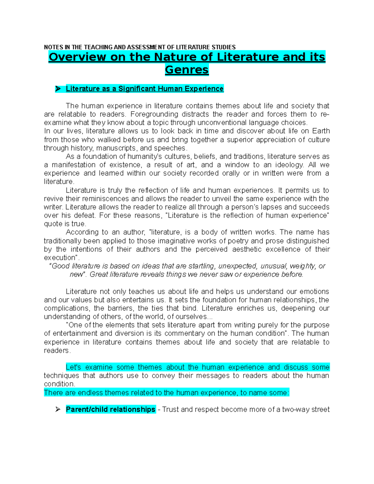 Overview on the Nature of Literature and its Genres - NOTES IN THE ...