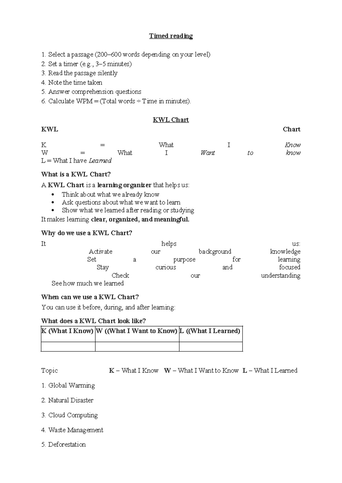 Timed Reading & KWL Chart Guide for Effective Learning - Studocu