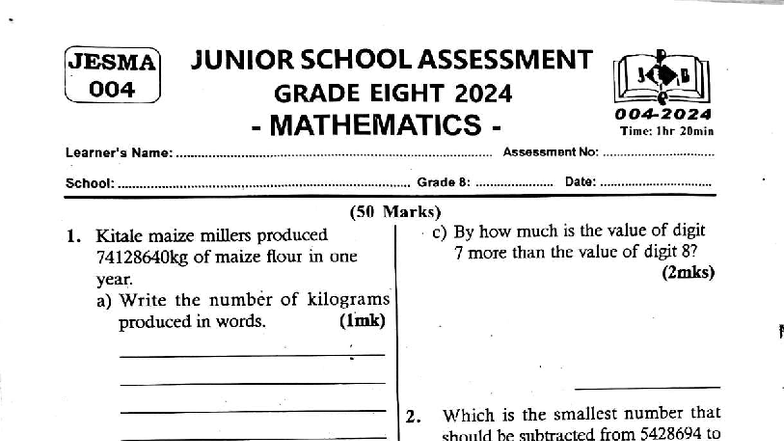 JESMA JUNIOR SCHOOL ASSESSMENT 004 GRADE EIGHT 2024 ALL SUBJECTS WITH ...