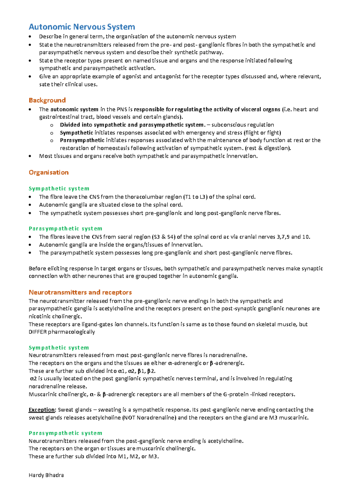 7. Autonomic Nervous System: Overview, Neurotransmitters & Receptors - Studocu
