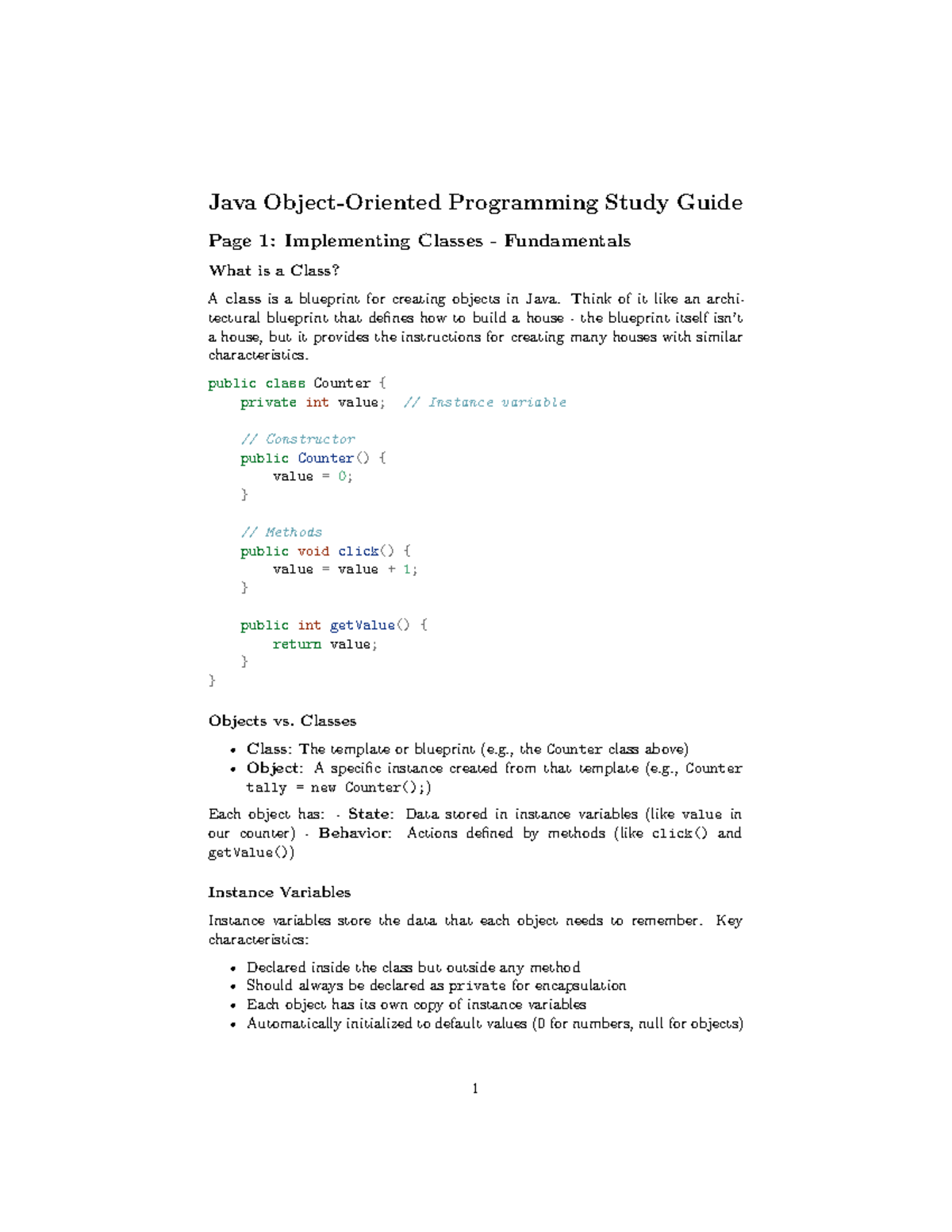 Java OOP Study Guide 1: Implementing Classes in Java - Studocu
