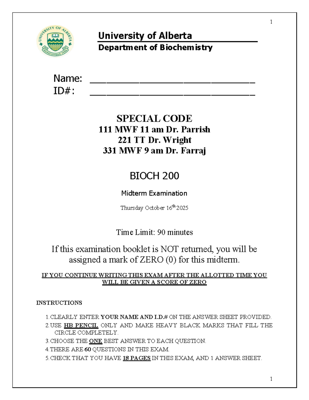 BIOCH 200 Midterm Exam - University of Alberta, Fall 2025 - Studocu