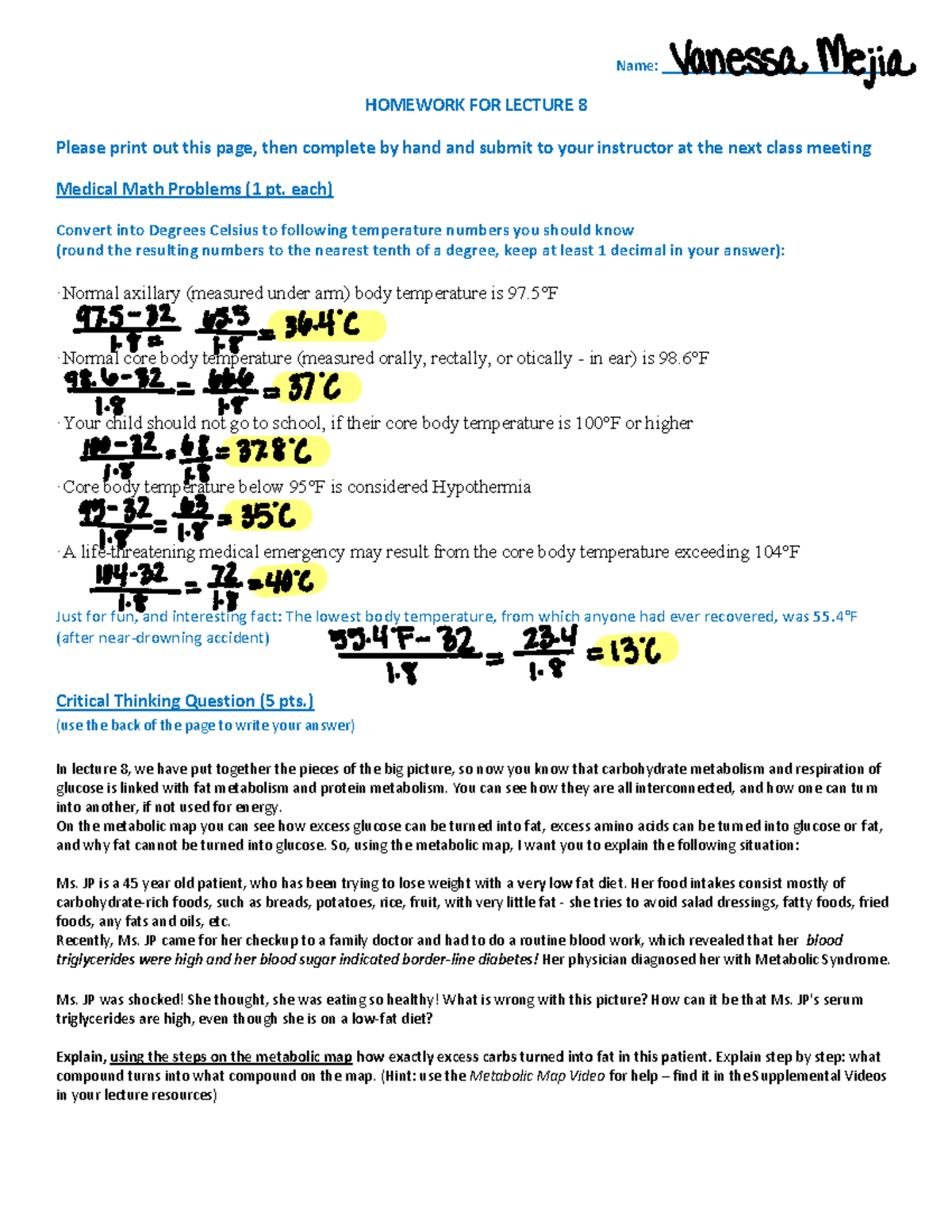 EMB Homework 8 - Name: HOMEWORK FOR LECTURE 8 Please print out this ...