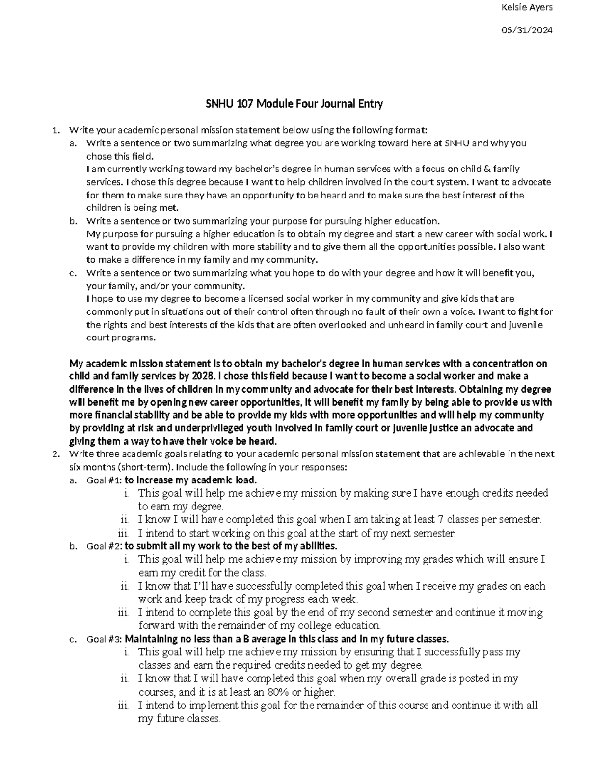 SNHU 107 Module 4 Journal Entry: Academic Personal Mission Statement ...
