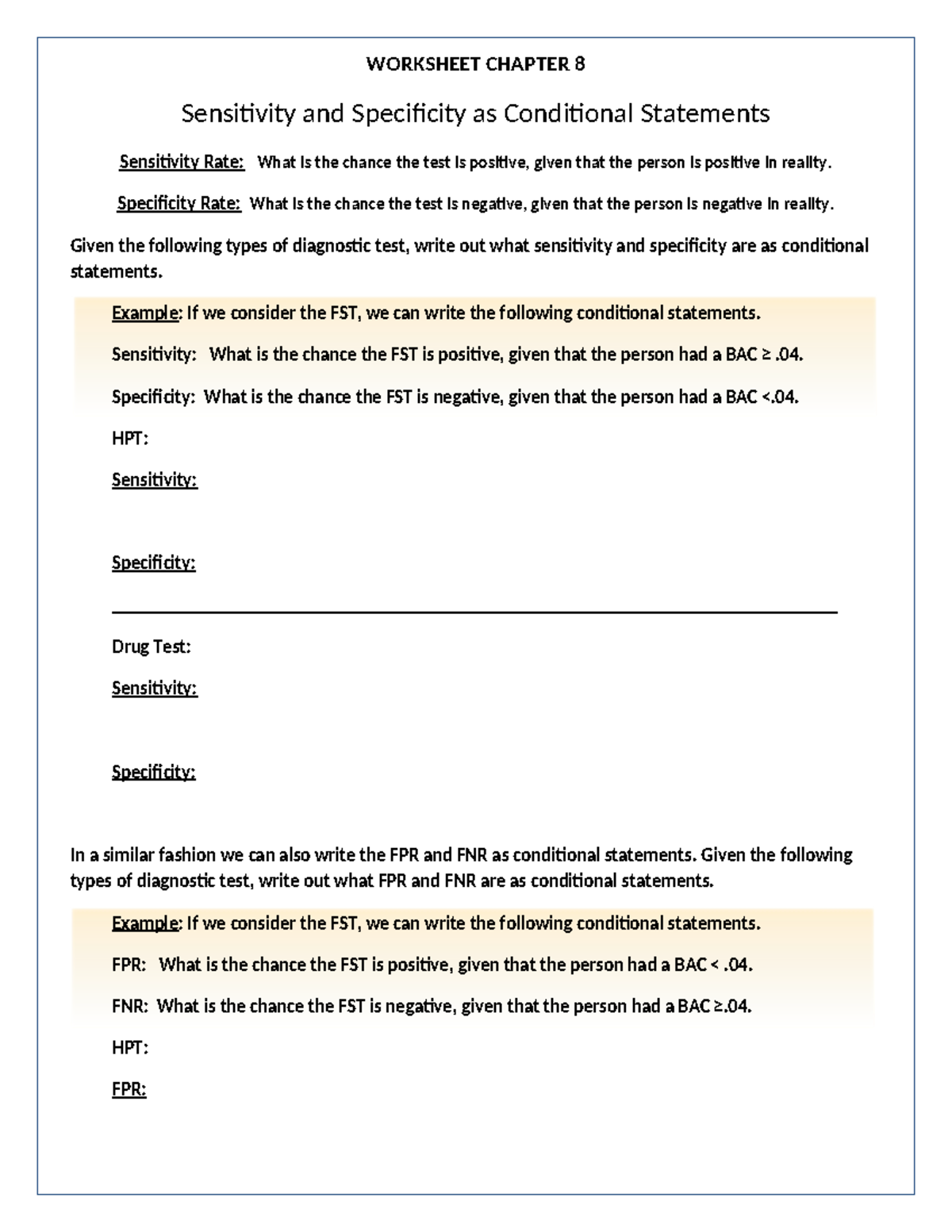 Chapter 8 Worksheet - Sensitivity & Specificity Analysis - Studocu