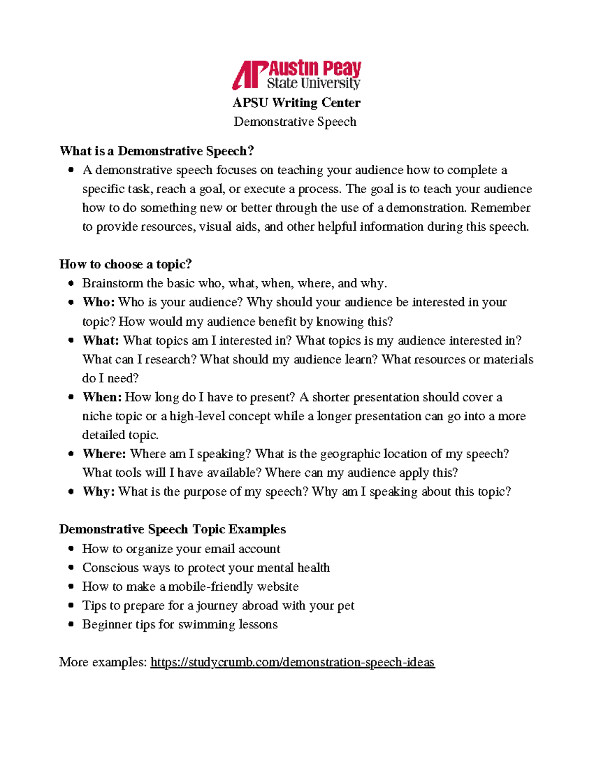 APSU Writing Center Demonstrative Speech Editable Outline 2023 - Studocu