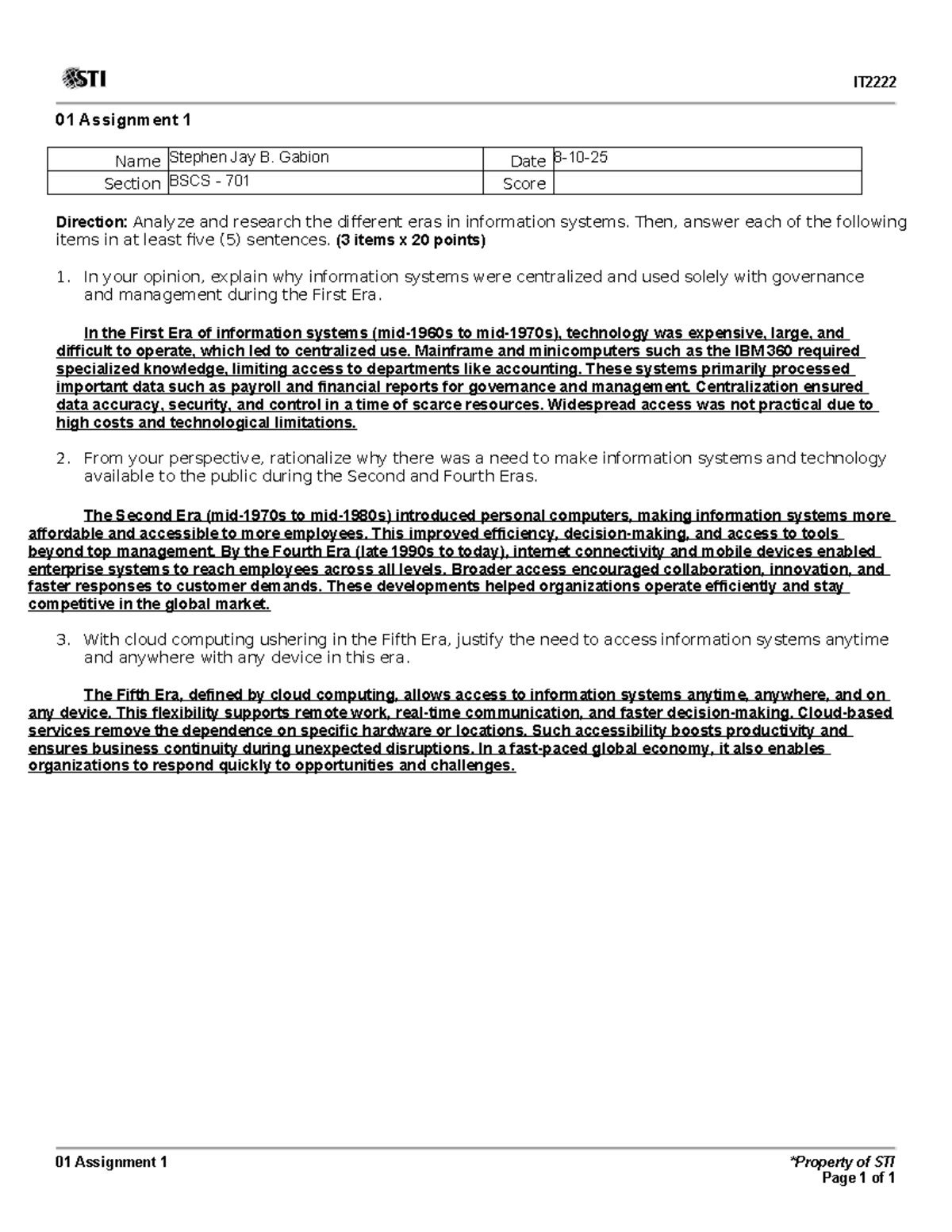 BSCS 701: Assignment 1 - Analyzing Eras in Information Systems - Studocu