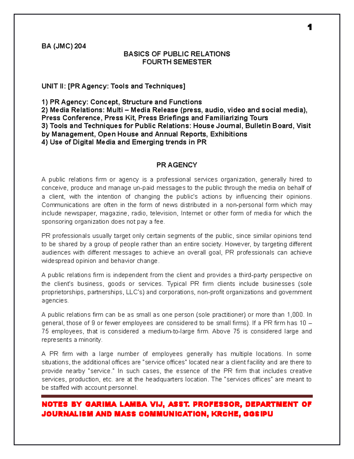 PR Notes - Unit II - BA (JMC) 204 BASICS OF PUBLIC RELATIONS FOURTH ...