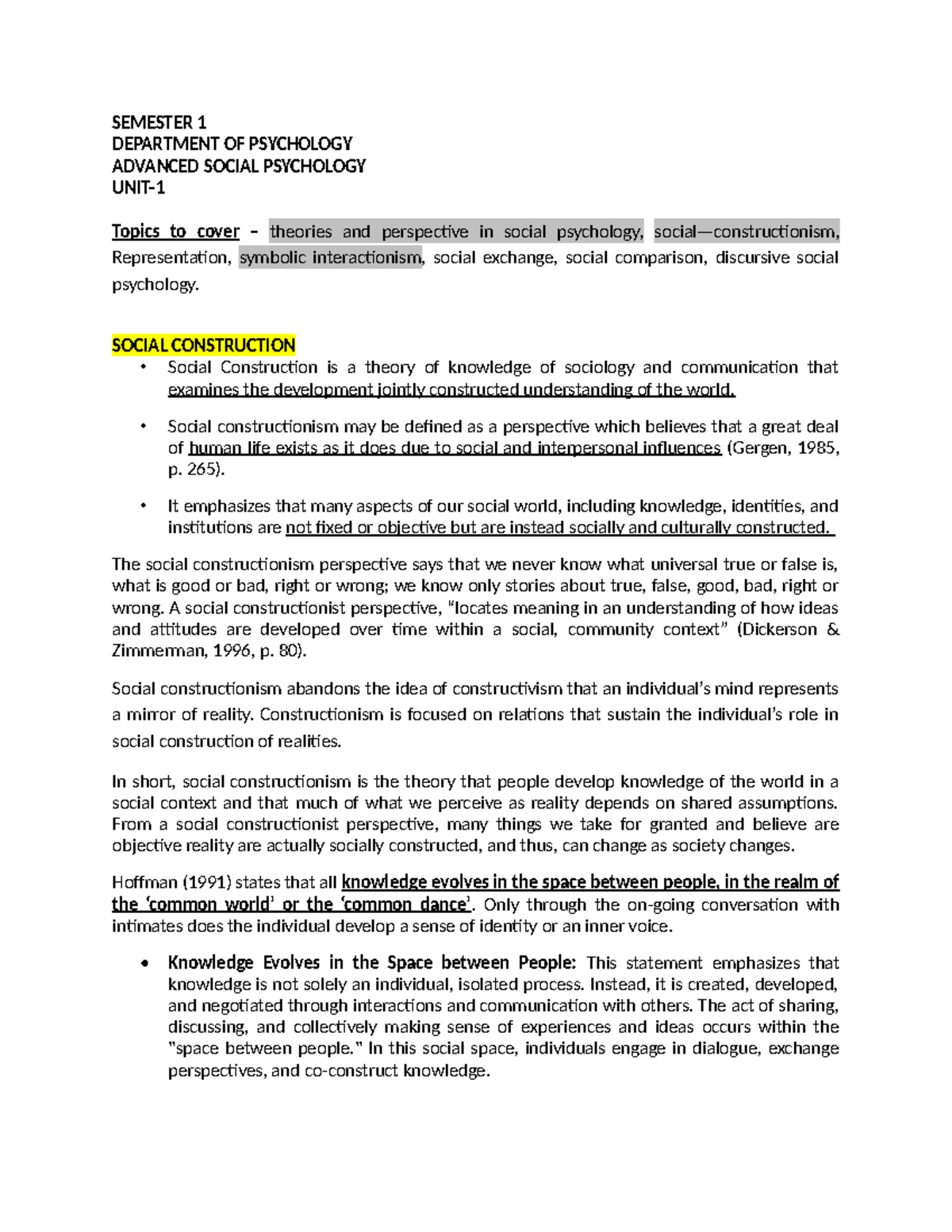 Title: Advanced Social Psychology (PSY101) - Social Constructionism ...