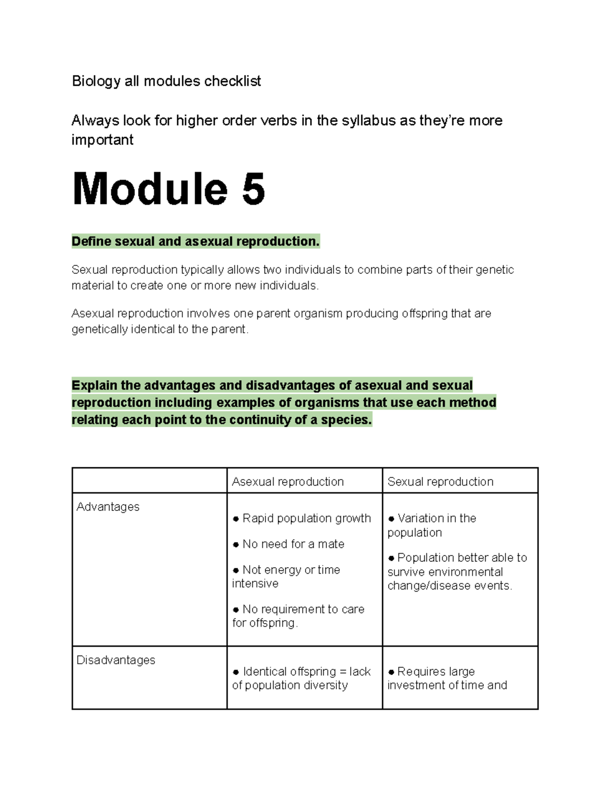 Biology 101: Reproductive Strategies & Processes Checklist - Studocu