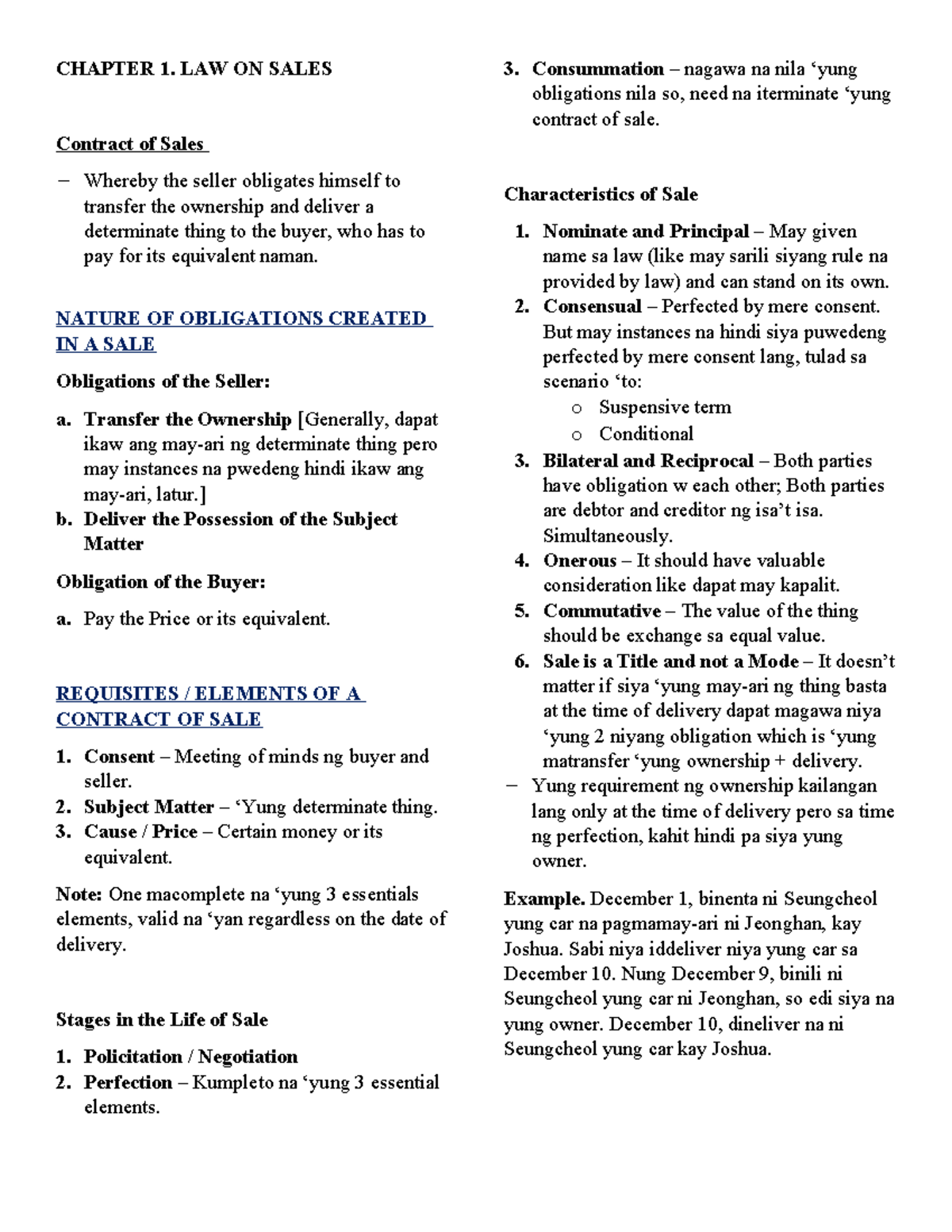 Law-on-Sales - none - CHAPTER 1. LAW ON SALES Contract of Sales Whereby ...