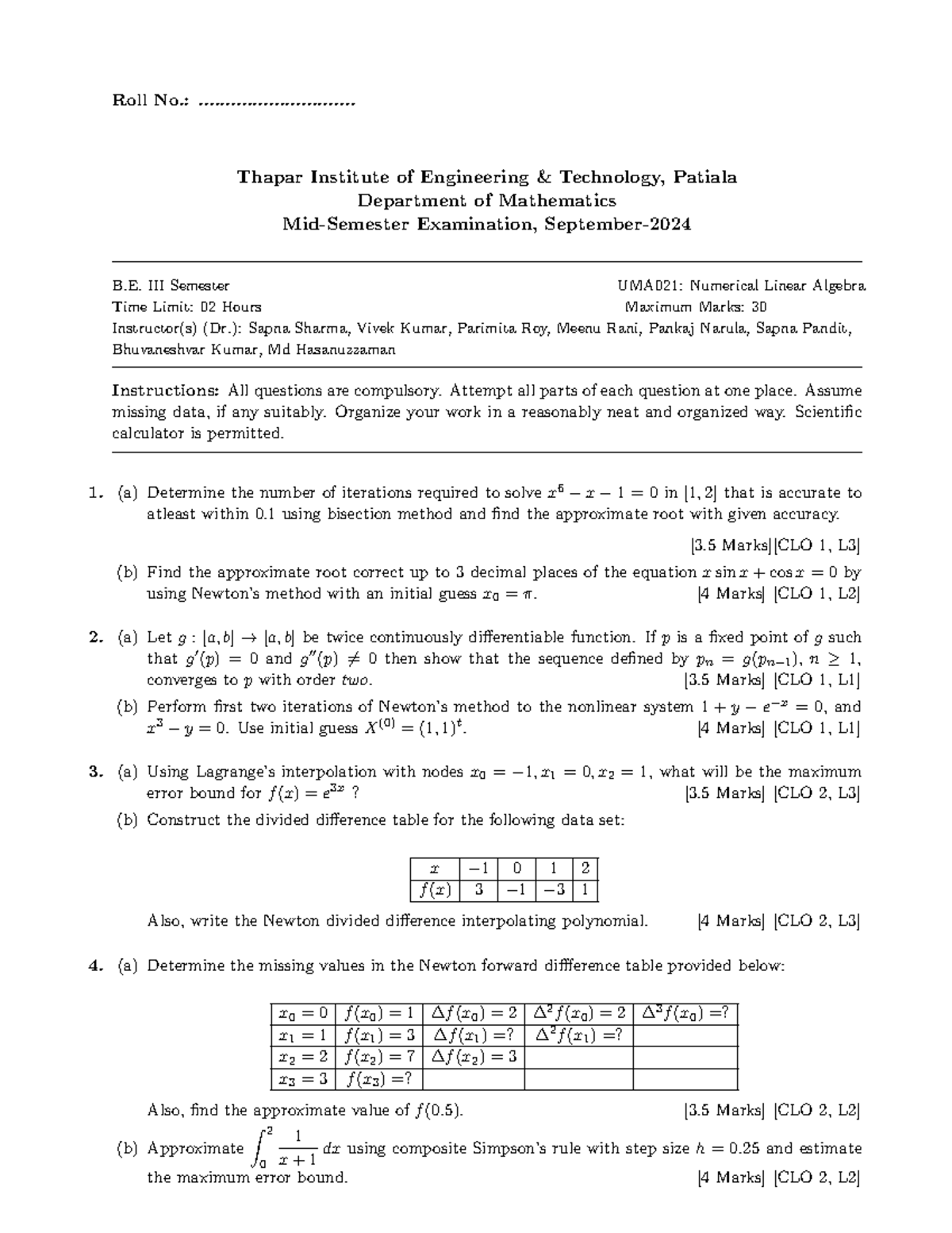 UMA021: Numerical Linear Algebra - MST Odd Semester Exam Questions ...