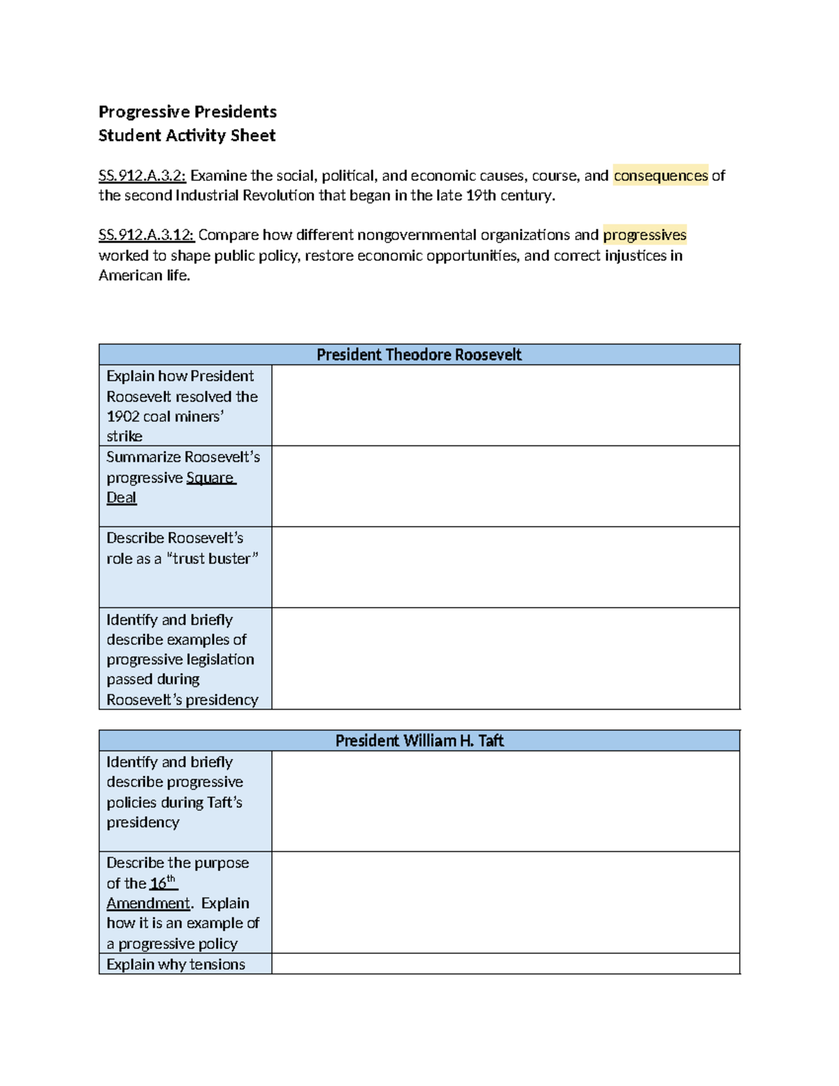 Progressive Presidents Activity Sheet SS.912.A.3.2 & SS.912.A.3.12 ...