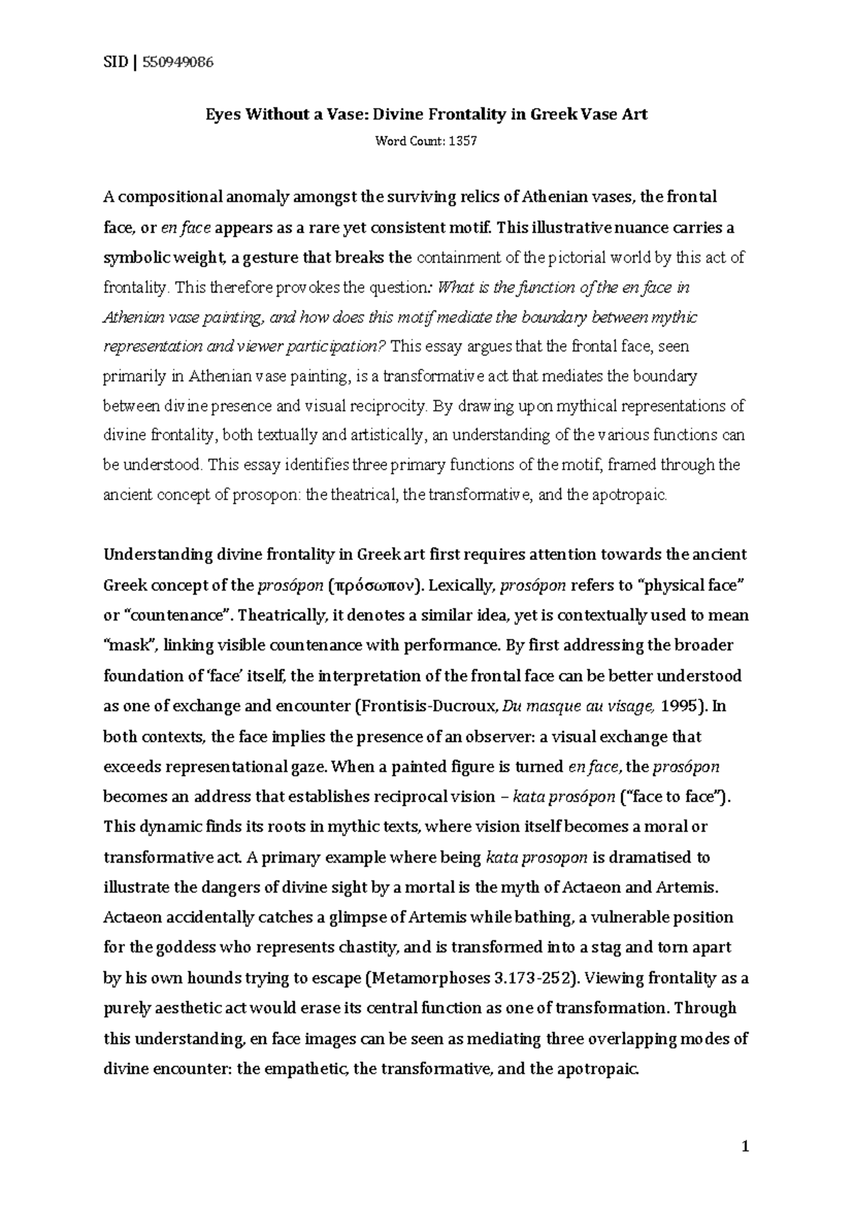 SID 550949086 Essay: Divine Frontality in Athenian Vase Art - Studocu