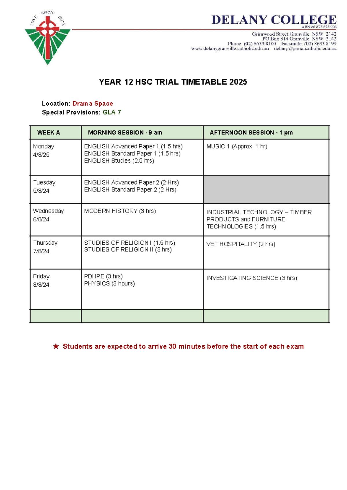 2025 HSC Trial Timetable - Year 12 Exams Schedule - Studocu