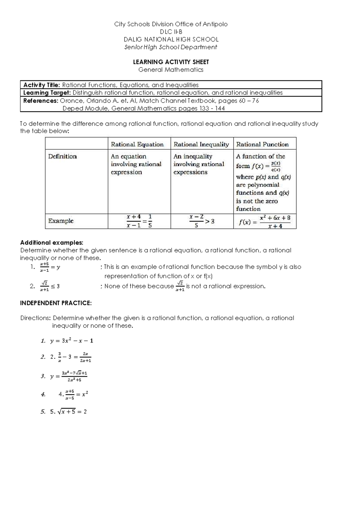 LAS 2: Distinguishing Rational Functions, Equations & Inequalities - Studocu