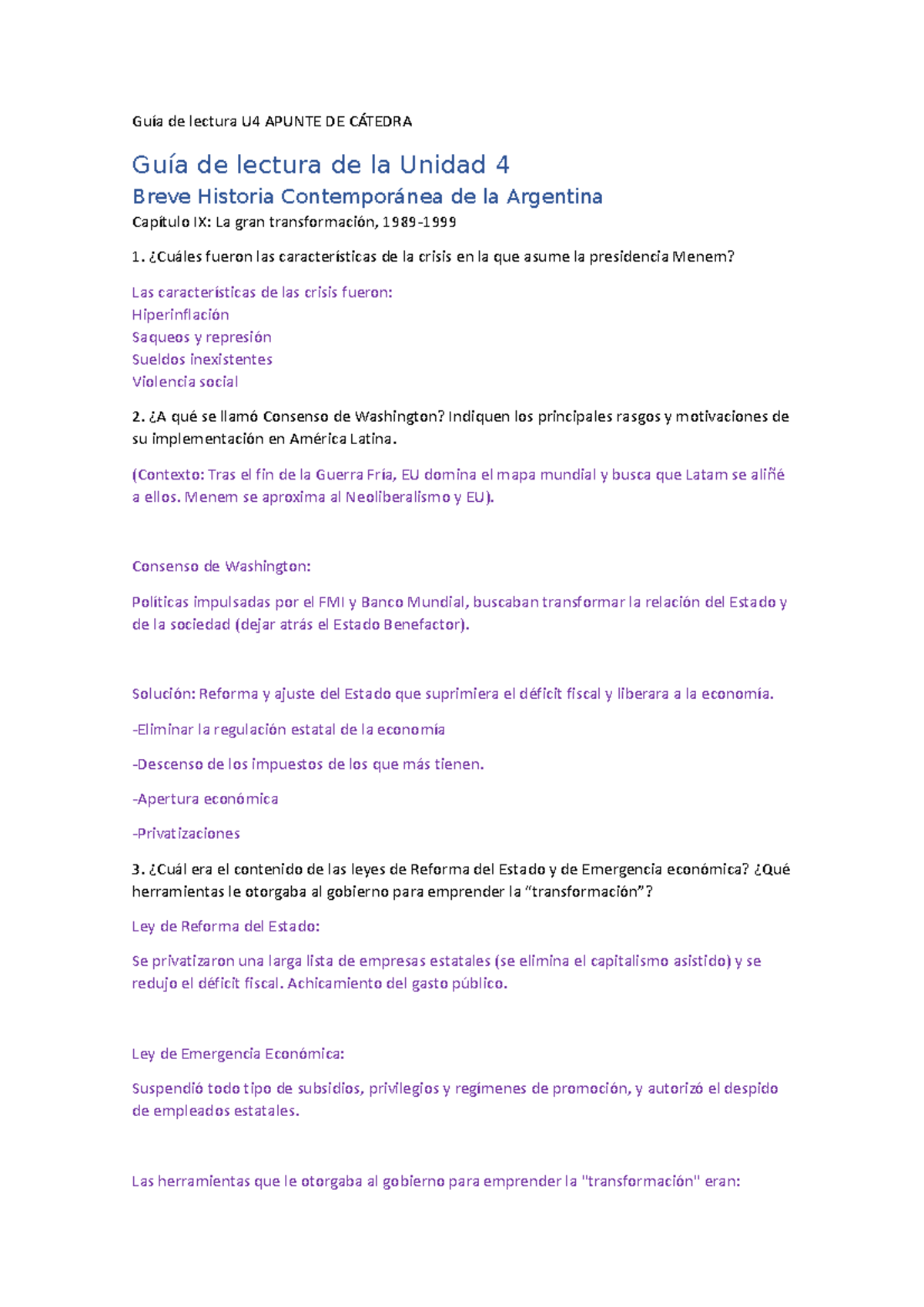 Guía de Lectura U4: Capítulo IX - La Transformación 1989-1999 - Studocu