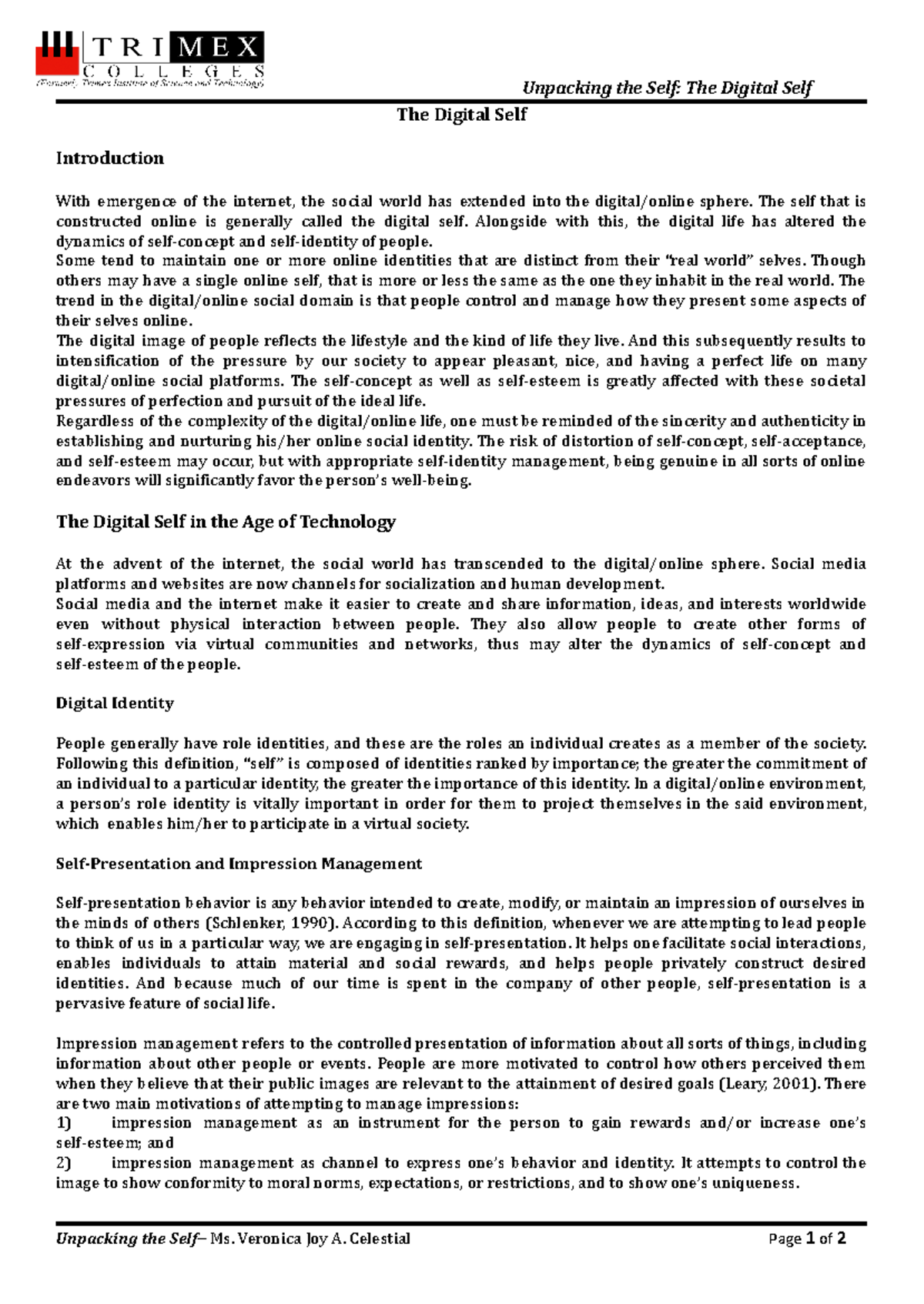 GE1 Understanding the Self Module 13: Exploring the Digital Self - Studocu